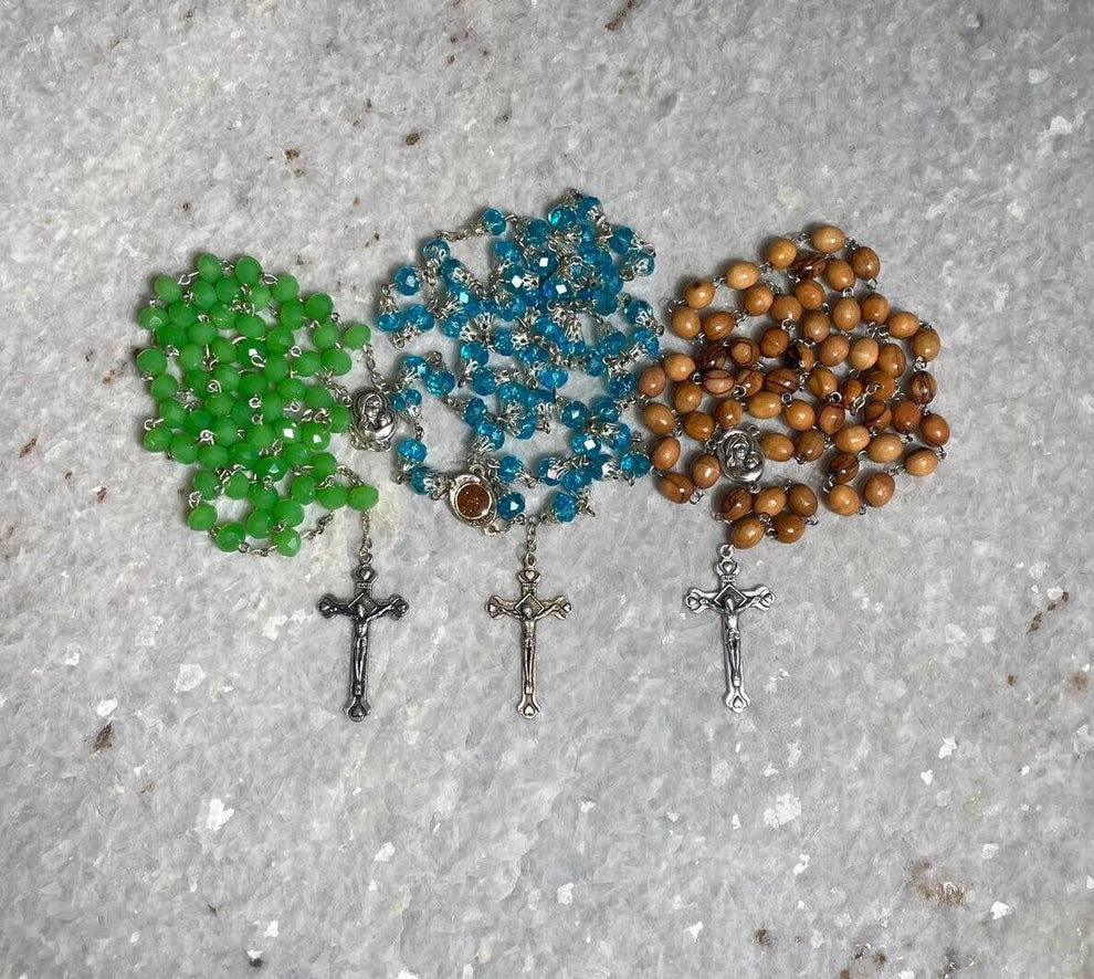 Rosary beads set made at the Holy Land with Crucifix and holy soil, ro ...